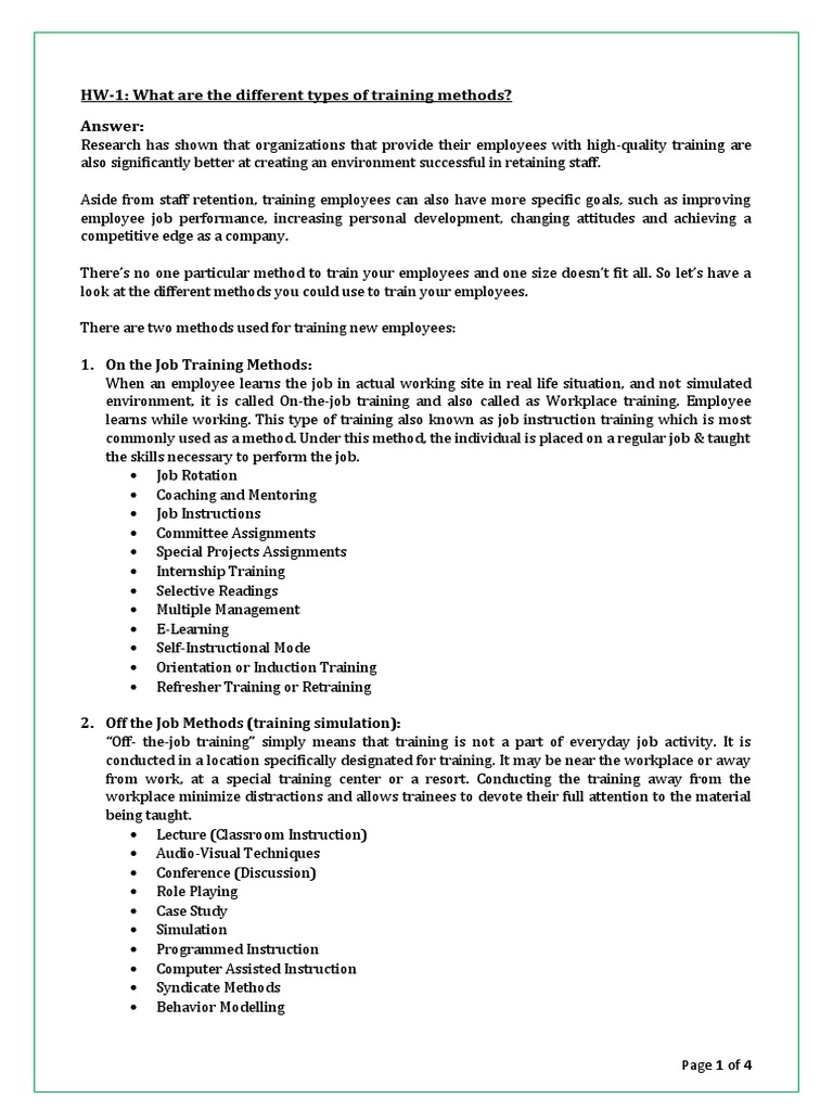 HW-1: What Are The Different Types of Training Methods? Answer | PDF | Employment | Behavior ...