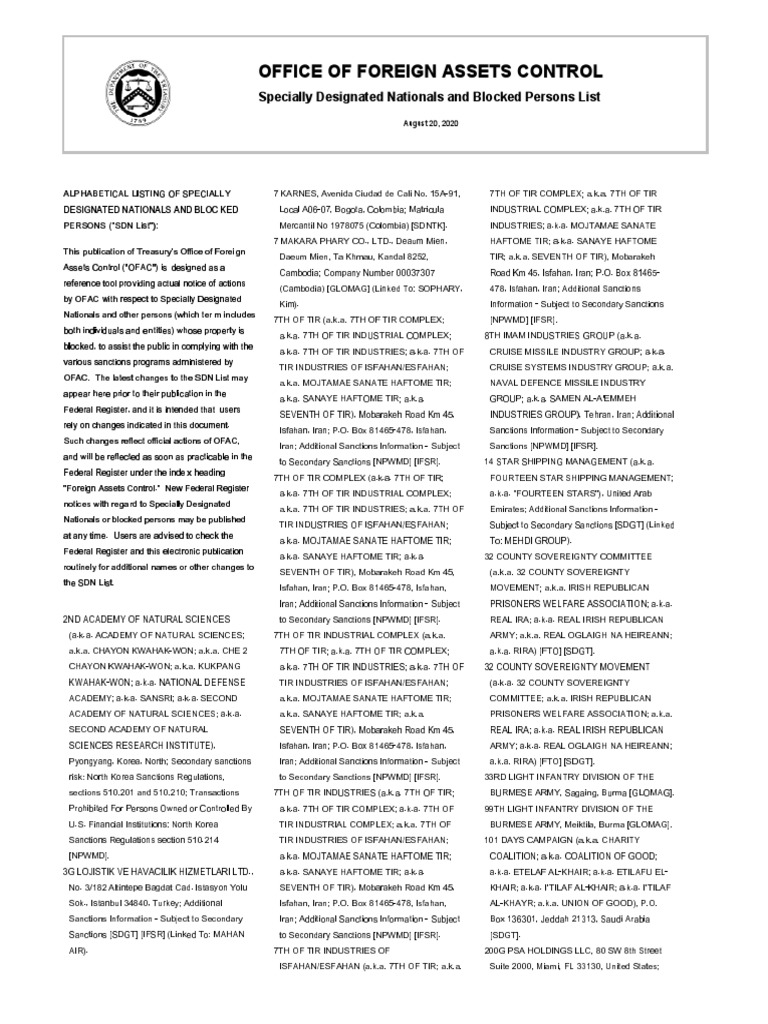 OFAC SDN List August 2020 | PDF | Office Of Foreign Assets Control ...