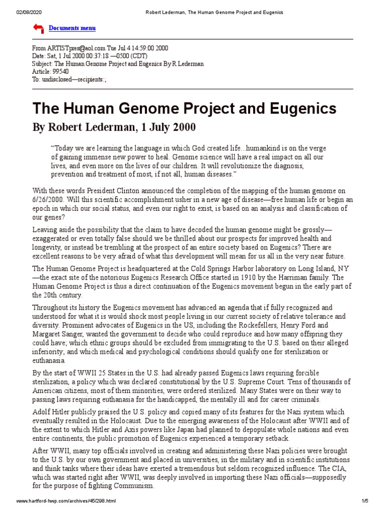 Robert Lederman, The Human Genome Project and Eugenics | PDF | Eugenics ...