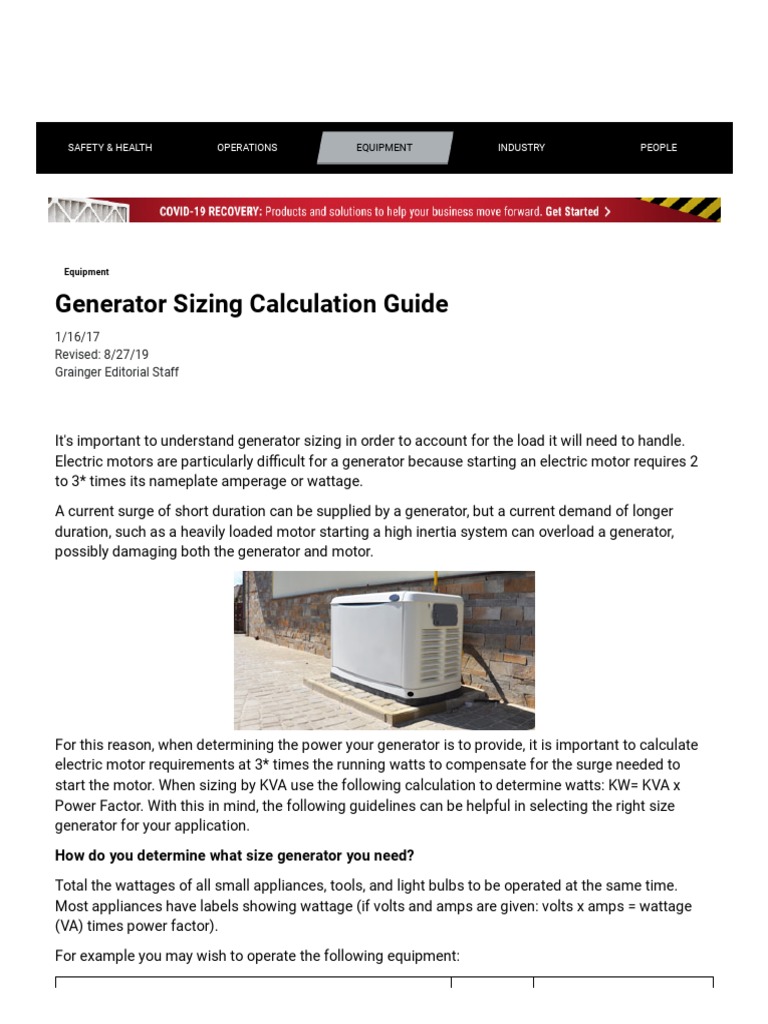 Generator Sizing Calculation Guide - Grainger KnowHow PDF | PDF | Electric Power | Electric ...