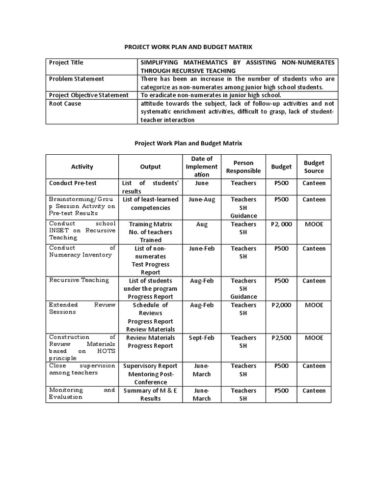 Project Work Plan and Budget Matrix | PDF | Education Theory ...