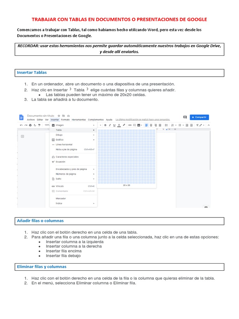 Tablas en Documentos y Presentaciones de Google | PDF