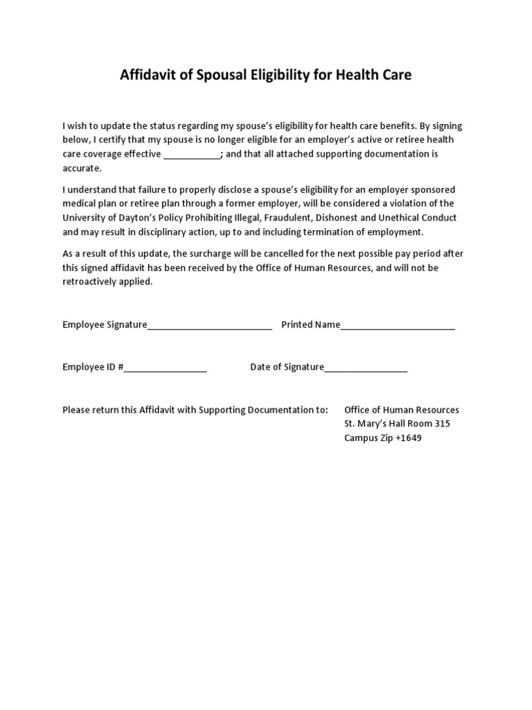 Affidavit of Spousal Eligibility For Health Care | PDF