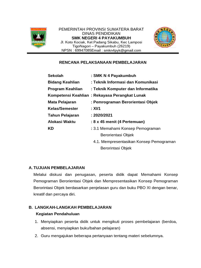 RPP KD1 Pemrograman Berorientasi Objek (Ganjil) XI | PDF | Karier & Perkembangan