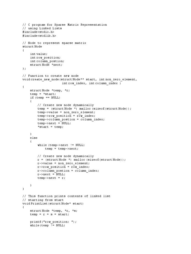 C Program For Sparse Matrix Representation | PDF