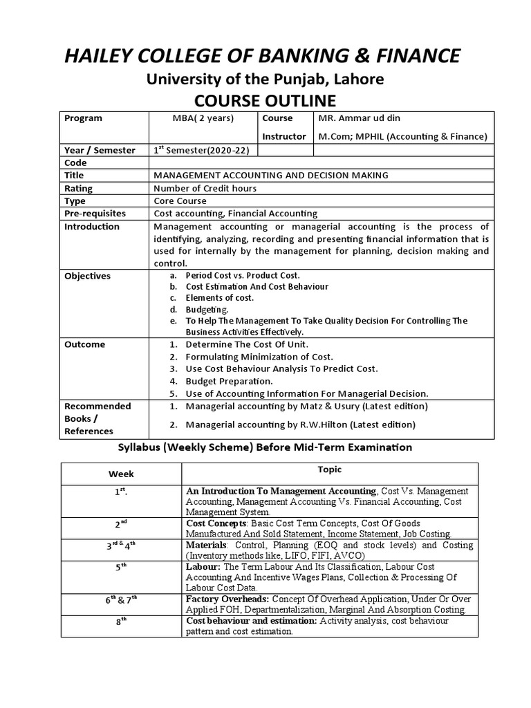 Course Outline Managment Accounting | PDF | Management Accounting ...