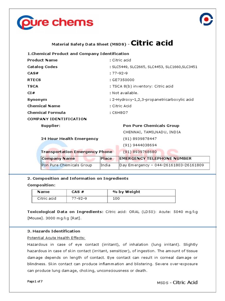 Citric Acid: SLC5449, SLC2665, SLC4453, SLC1660, SLC3451 | PDF | Fires ...