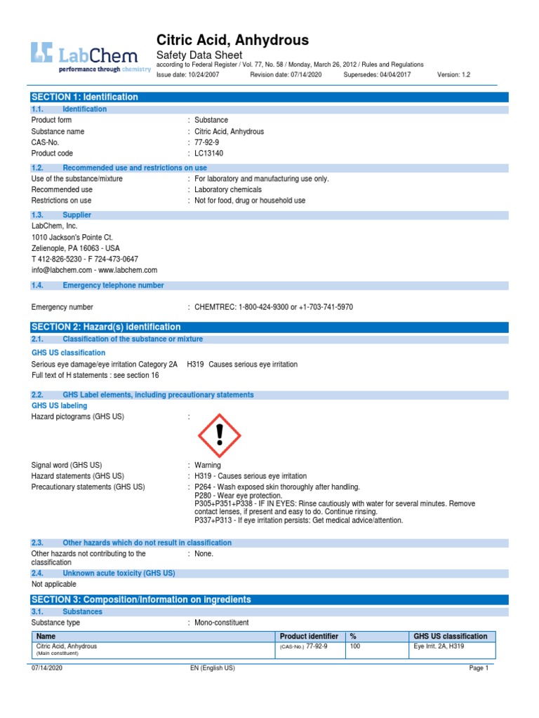 Citric Acid, Anhydrous: Safety Data Sheet | PDF | Toxicity | Firefighting