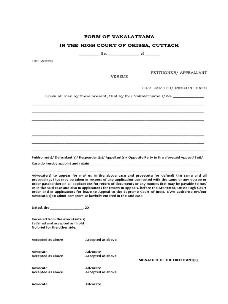 Form of Vakalatnama in The High Court of Orissa, Cuttack | PDF
