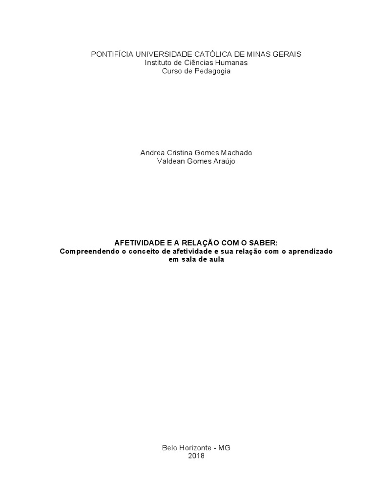 TCC PEDAGOGIA PUC MINAS 2018VALDEAN - ANDREA Revisao Pronta Val | PDF | Pré-escola | Teoria do Apego