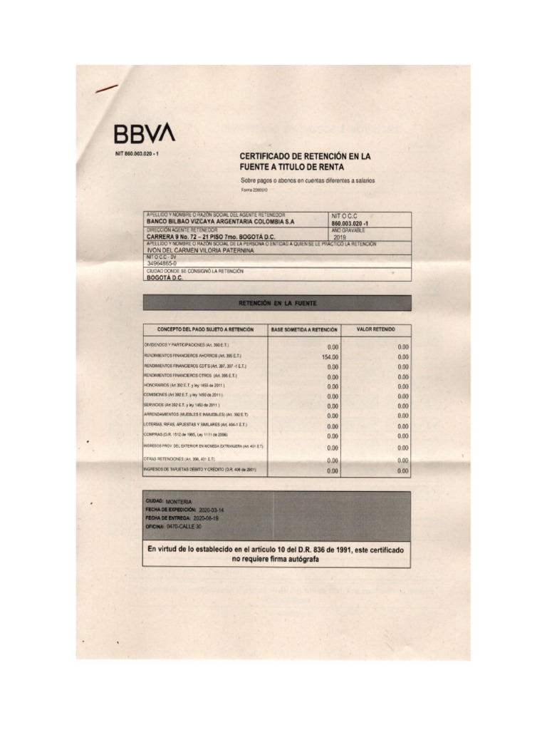 Certificado Tributario Banco BBVA | PDF