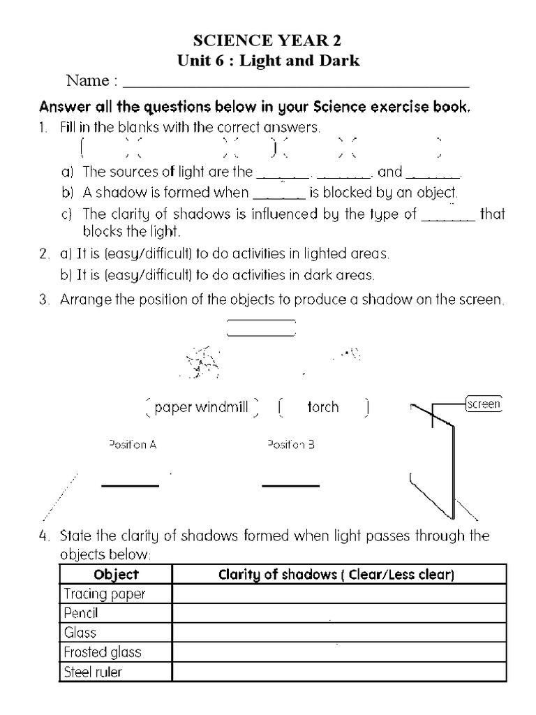 Name: - : Science Year 2 Unit 6: Light and Dark | PDF