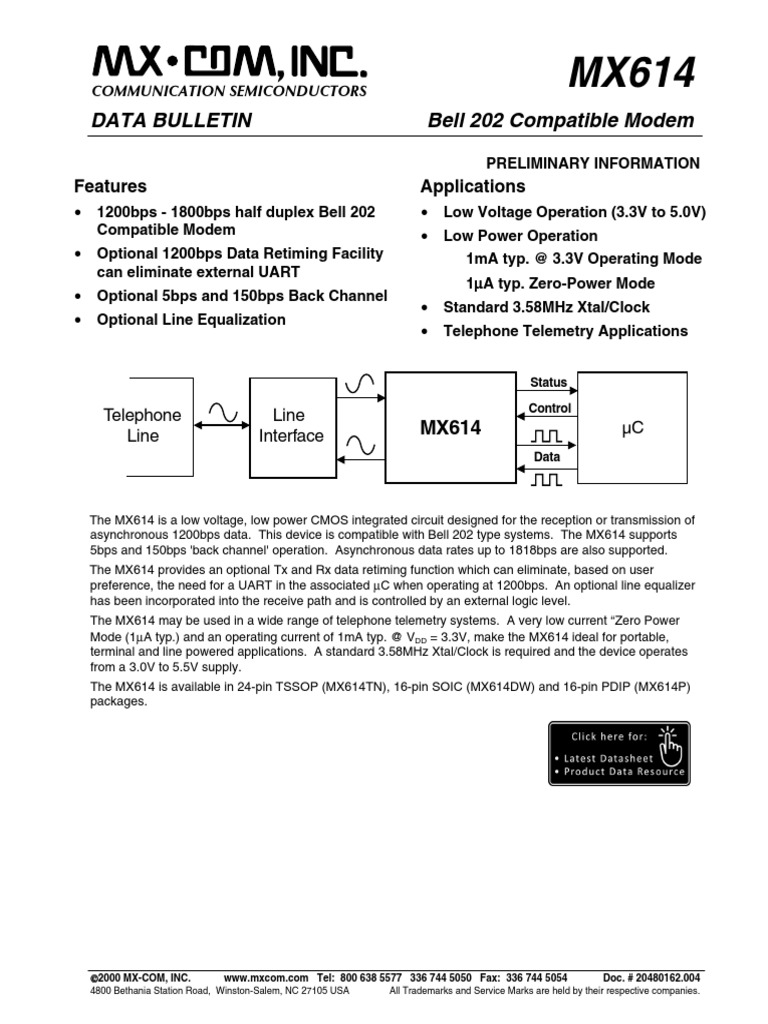 Data Bulletin Bell 202 Compatible Modem: Features Applications | PDF ...