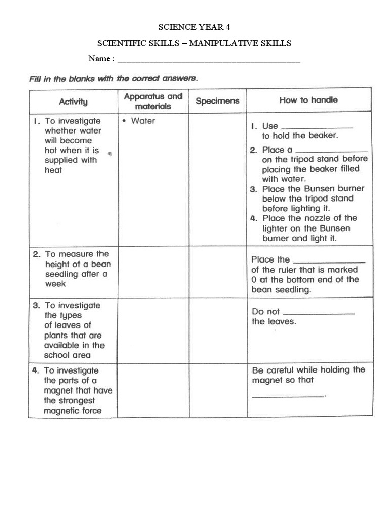 Science Year 4 Manipulative Skills | PDF