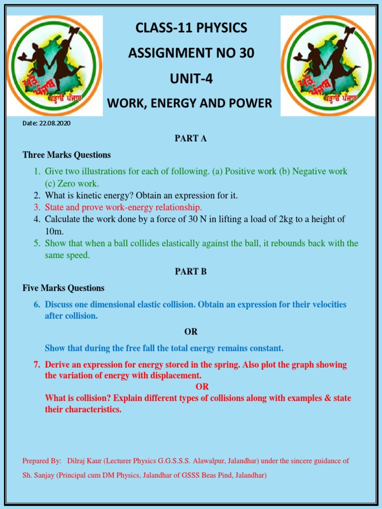 Class-11 Physics Assignment No 30 UNIT-4: Work, Energy and Power | PDF | Collision | Force