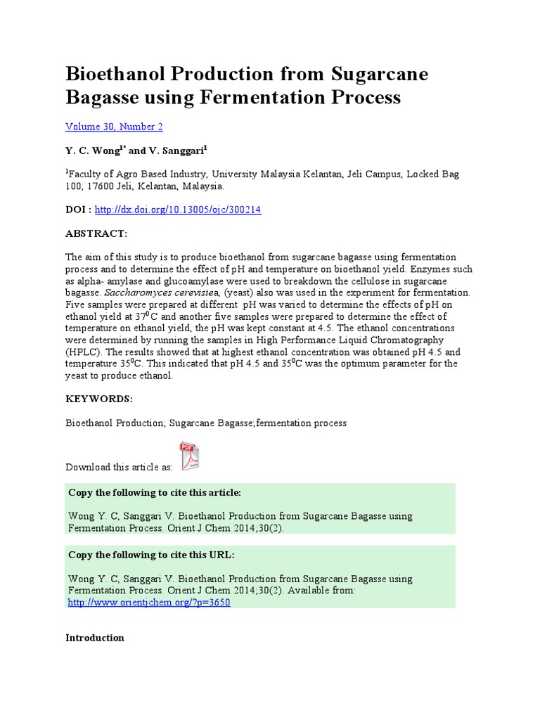 Bioethanol Production From Sugarcane Bagasse Using Fermentation Process ...