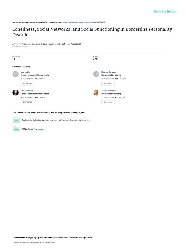 Loneliness, Social Networks, and Social Functioning in Borderline ...
