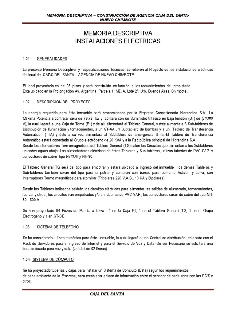 Nuevo Chimbote-Memoria Descriptiva Electricas PDF | PDF | Electricidad | Electromagnetismo