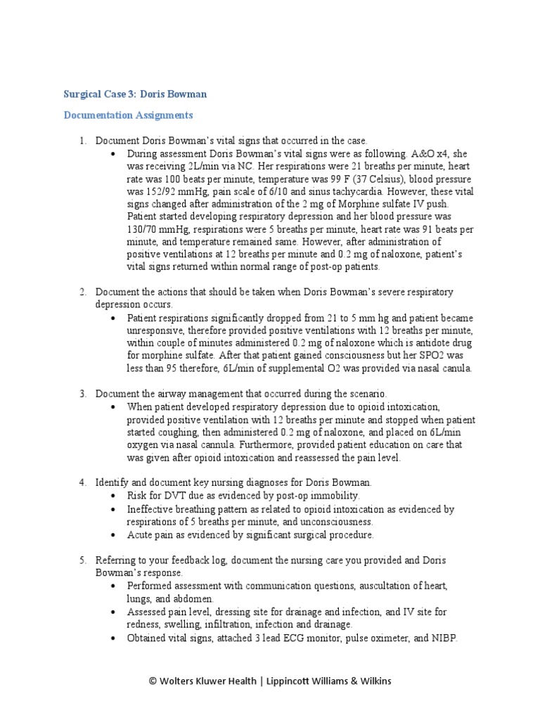 Documentation Assignments: Surgical Case 3: Doris Bowman | PDF | Naloxone | Breathing