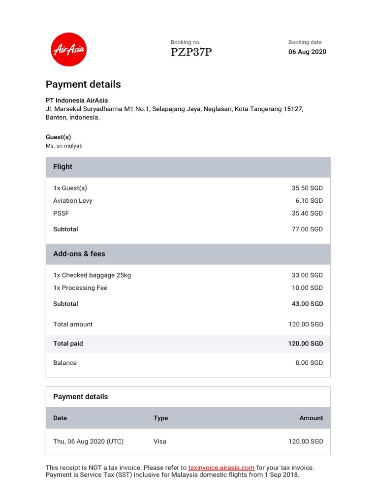 AirAsia Payment Receipt Summary | PDF