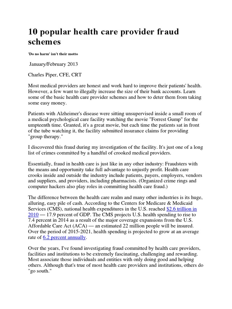 10 Popular Health Care Provider Fraud Schemes PDF | PDF | Medical ...