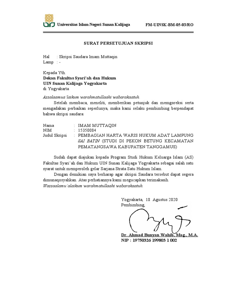 1 - Surat Persetujuan Skripsi | PDF