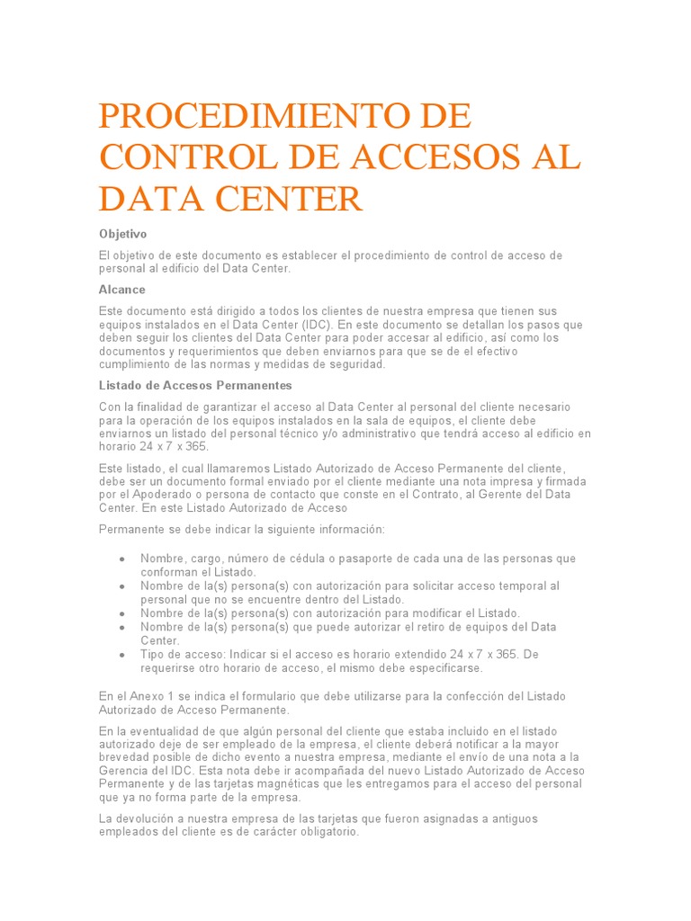 Procedimiento de Control de Accesos Al Data Center | PDF | Centro de ...