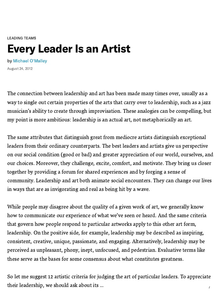 Leadership as an Artistic Endeavor | PDF | Leadership | Psychological ...