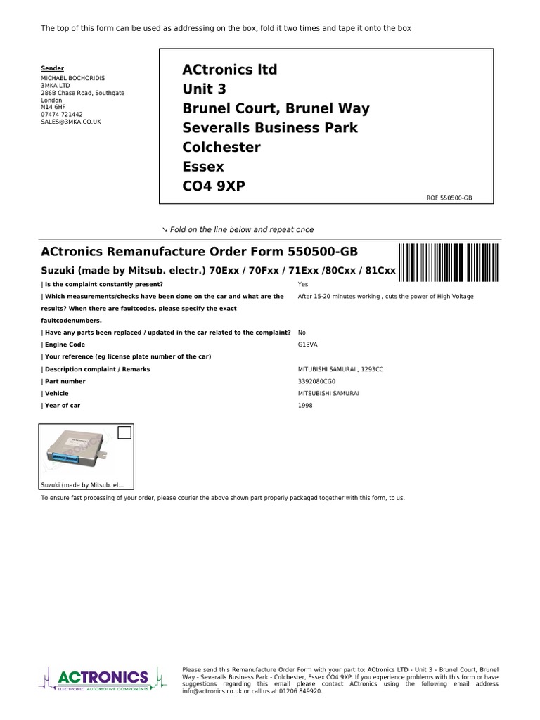 ACtronics Ltd Remanufacture Order Form | PDF