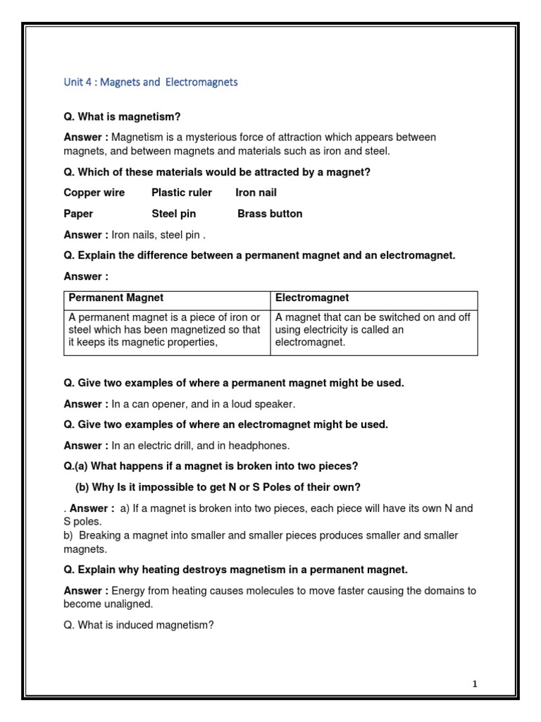 Grade 7 Unit 4 Homework | PDF | Magnet | Magnetism