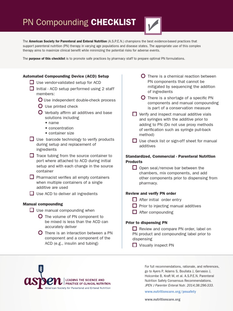 PN Compounding: Checklist | PDF | Pharmacy | Syringe