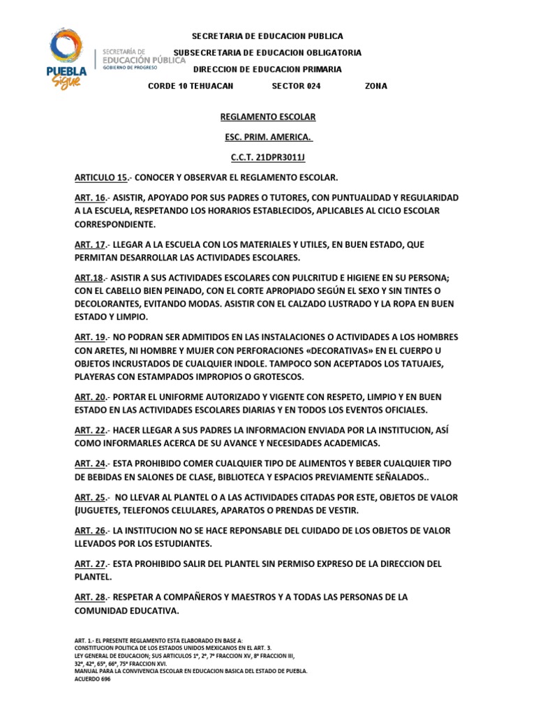 Reglamento Escolar | PDF | Educación primaria | Escuelas