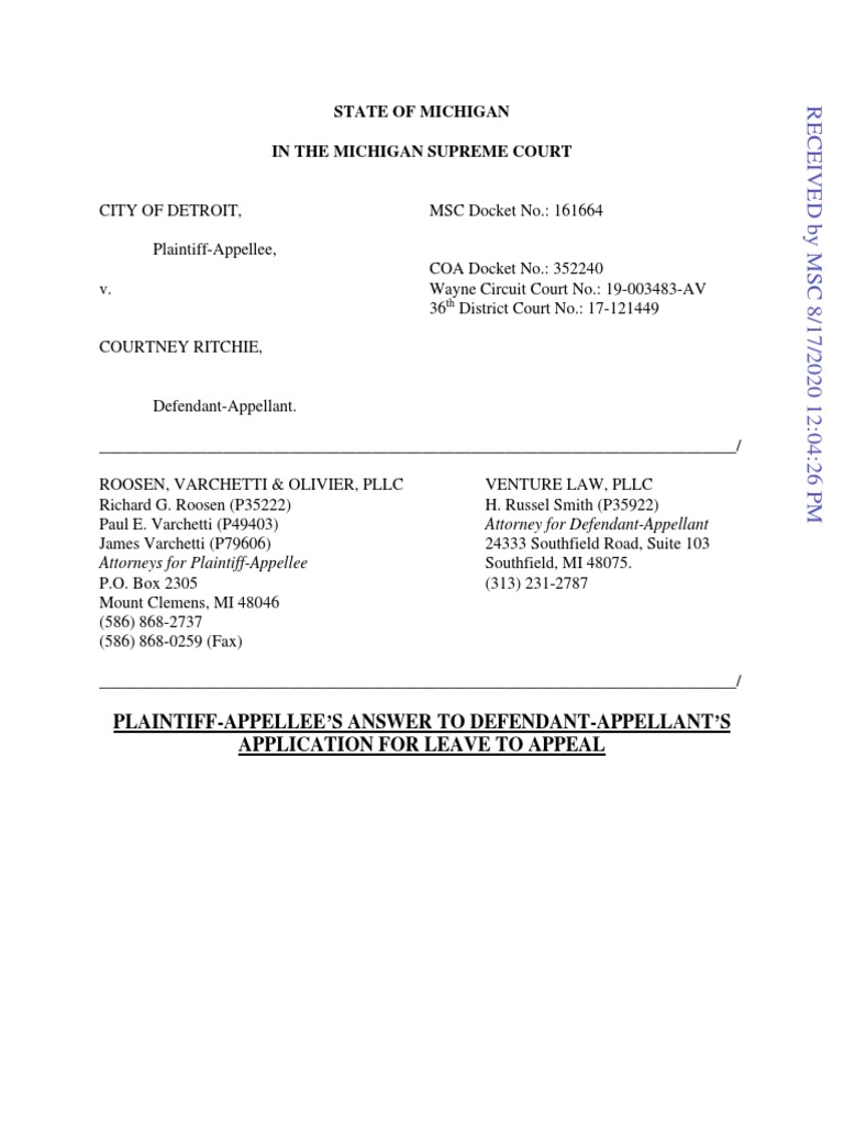Detroit V Ritchie Answer To Application For Leave To Appeal | PDF ...