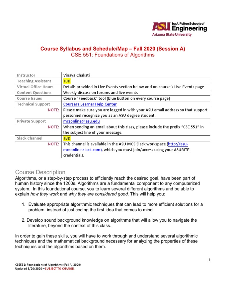 Course Syllabus and Schedule/Map - Fall 2020 (Session A) : CSE 551: Foundations of Algorithms ...