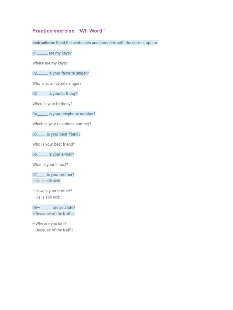 Practice Exercise. "WH Word": Instructions: Read The Sentences and ...