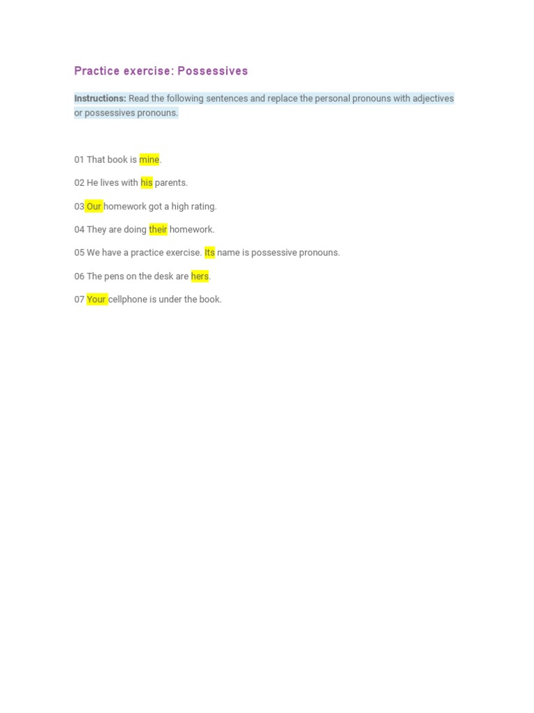 Cuestionario Practice Exercise Possessives | PDF