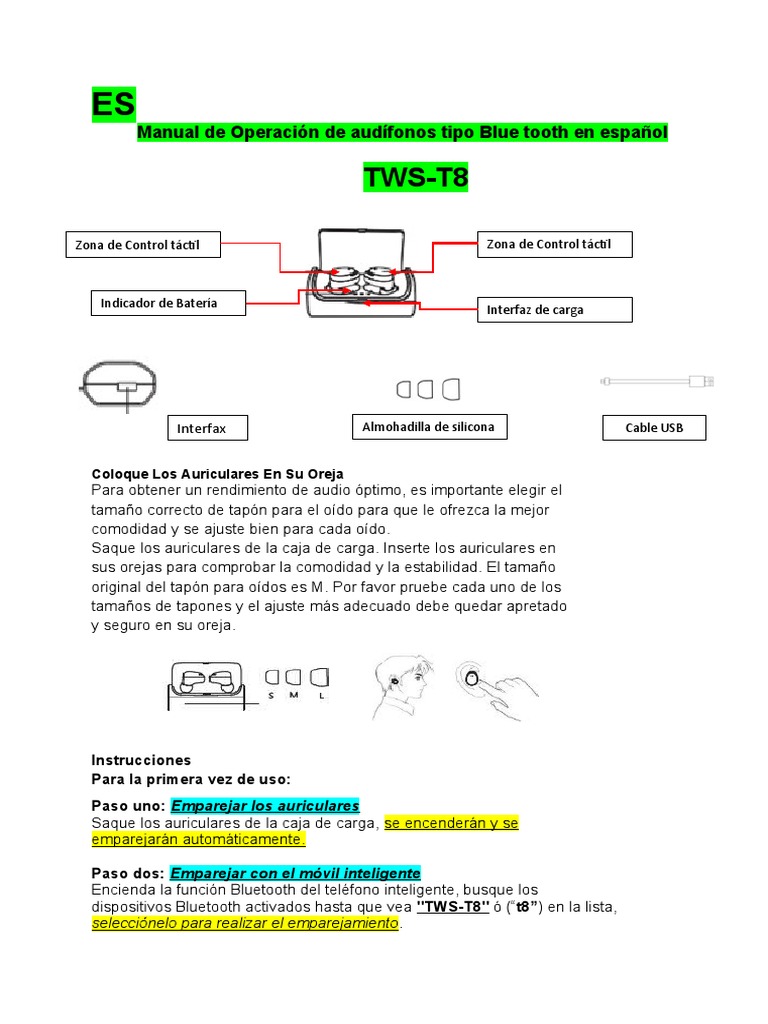 Manual Usuario Audifonos TWS - T8 | PDF | Auriculares | Bluetooth