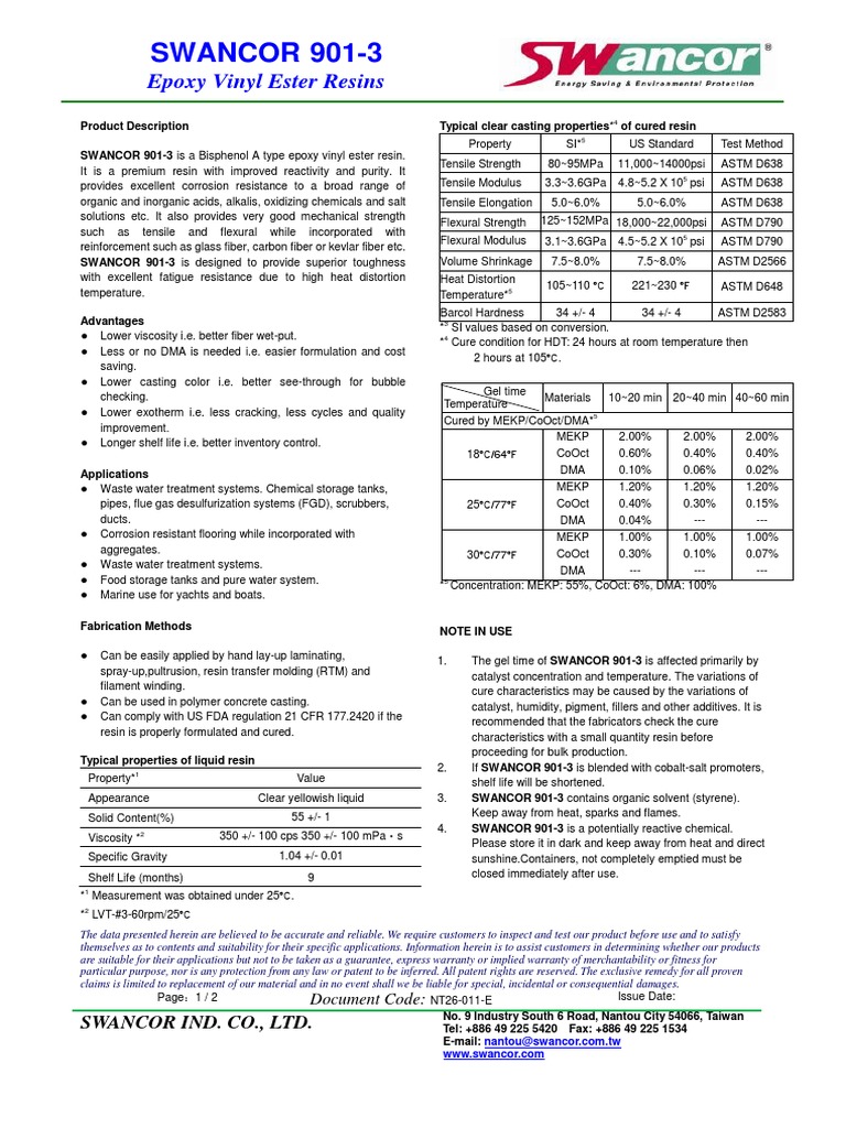 Swancor 901-3: Epoxy Vinyl Ester Resins | PDF | Epoxy | Materials