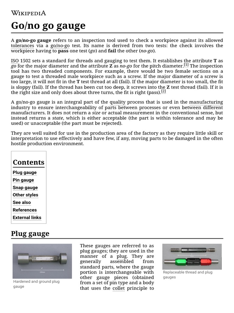 Go - No Go Gauge - Wikipedia | PDF | Tools | Metalworking