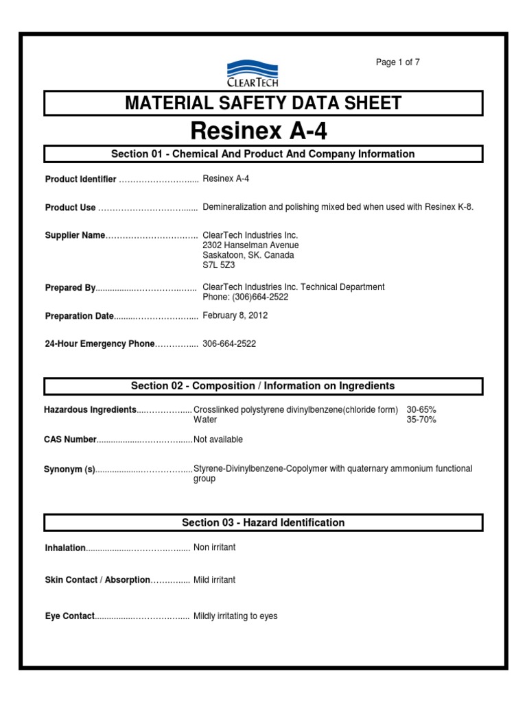 Resinex A-4: Material Safety Data Sheet | PDF | Oxide | Toxicity