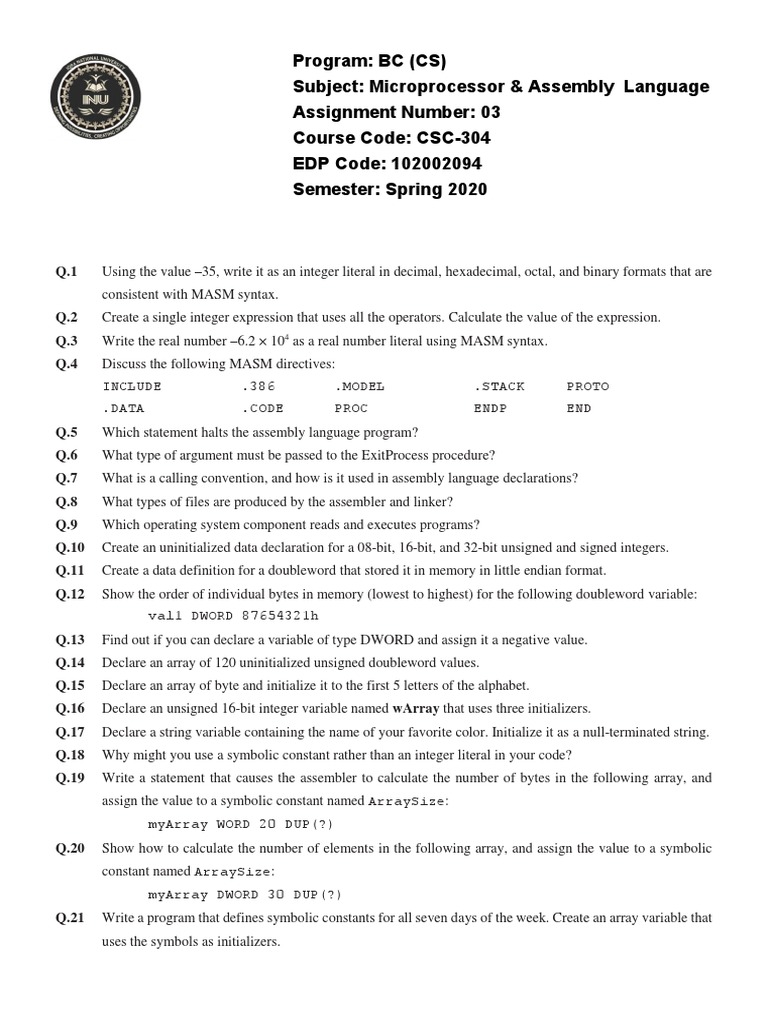 Program Bc Cs Subject Microprocessor And Assembly Language Assignment Number 03 Course Code