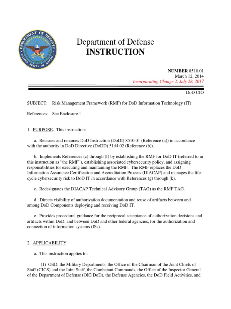 DoDI 8510.01 PDF | PDF | United States Department Of Defense | Policy