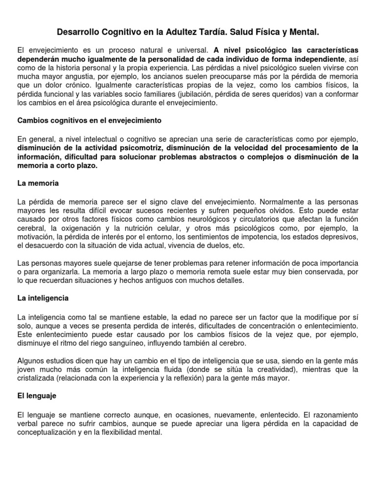 Desarrollo Cognitivo en La Adultez Tardía. Salud Física y Mental | PDF | Vejez | Demencia
