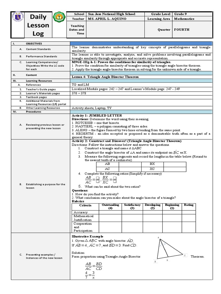 DLL - 4TH Cot - Triangle Bisector Theorem | PDF | Triangle | Elementary ...