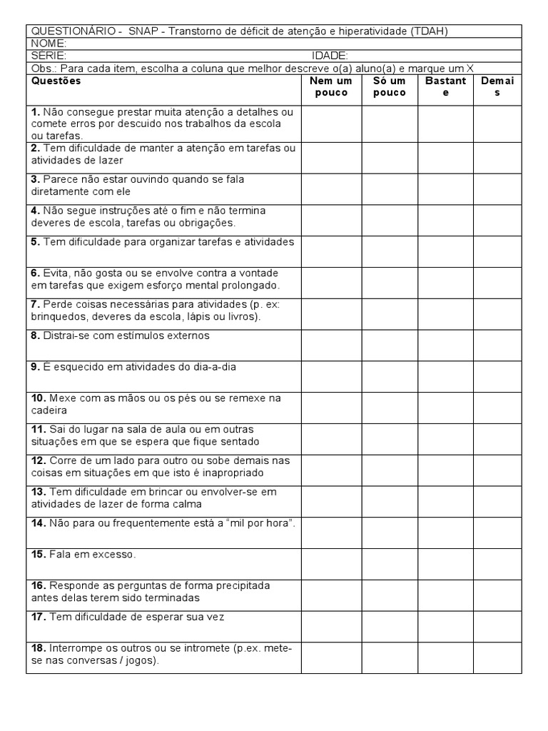 Teste Questionário SNAP-IV | PDF | Transtorno de déficit de atenção e ...