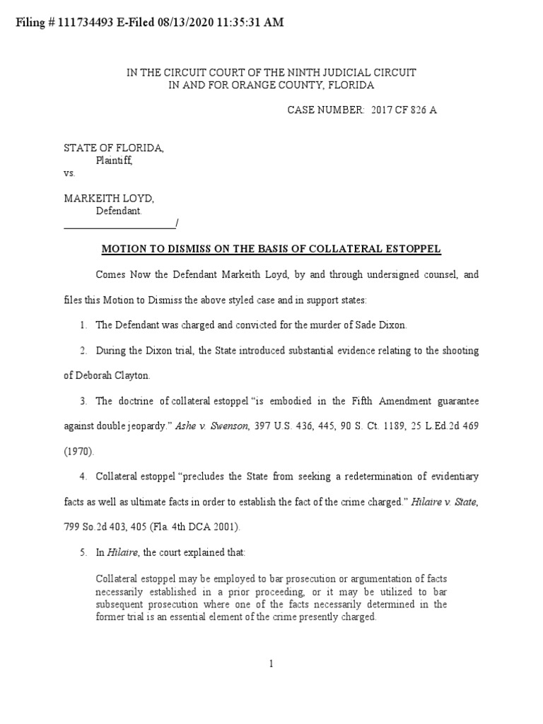 Markeith Loyd Motion To Dismiss On The Basis of Collateral Estoppel ...