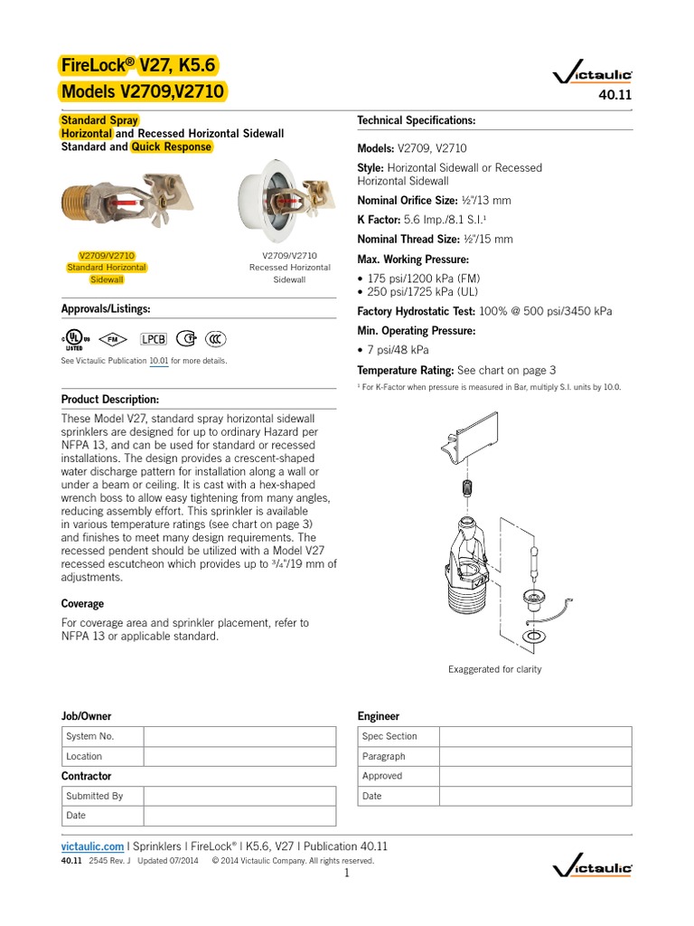 Sprinkler Head - Victaulic Sidewall Quick Response V2710 | PDF | Fire Sprinkler System ...