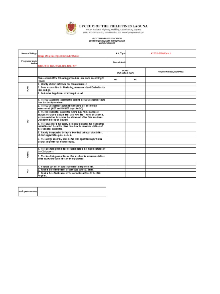 Cqi Audit Checklist | PDF | Audit | Evaluation