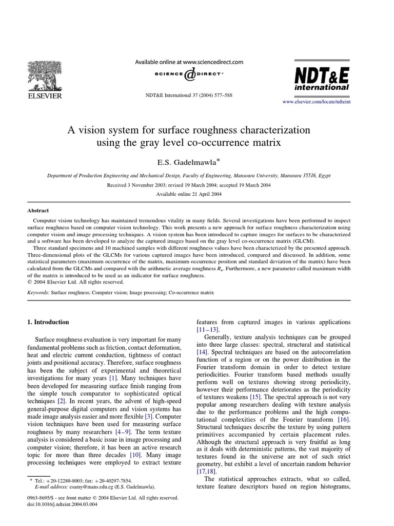 A Vision System For Surface Roughness Characterization Using The Gray Level Co-Occurrence Matrix ...