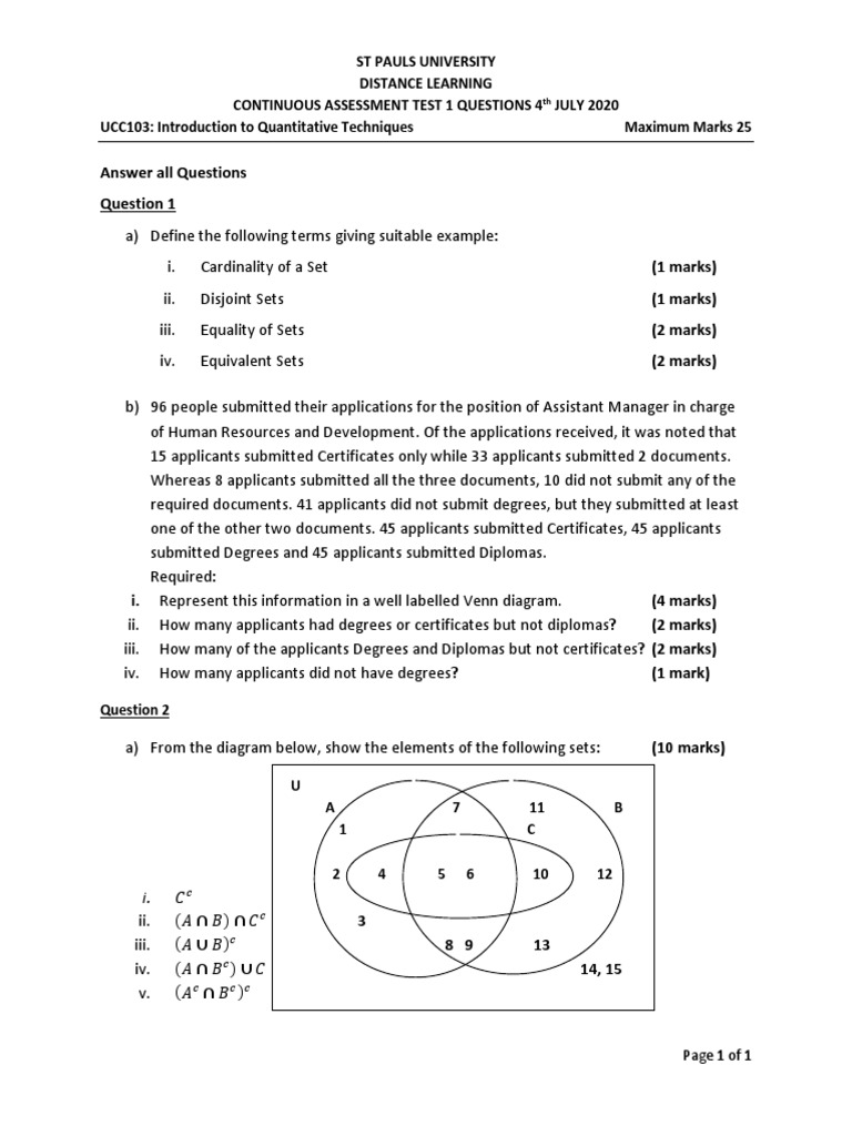 CAT1 Questions SET THEORY | PDF | Cognition